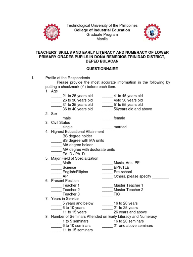Questionnaires About Teachers Skills and Early Literacy and Numeracy of ...