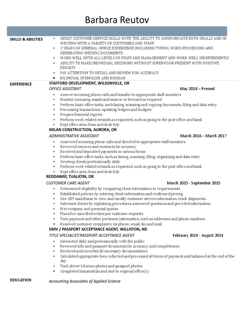 Barbara Reutov Resume 5 | PDF | Payments | Fax