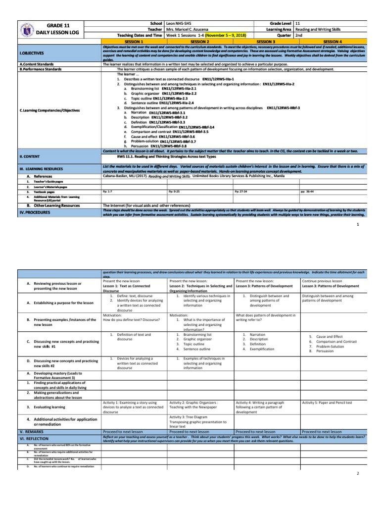 DLL Reading & Writing Week 1 | PDF | Learning | Teachers