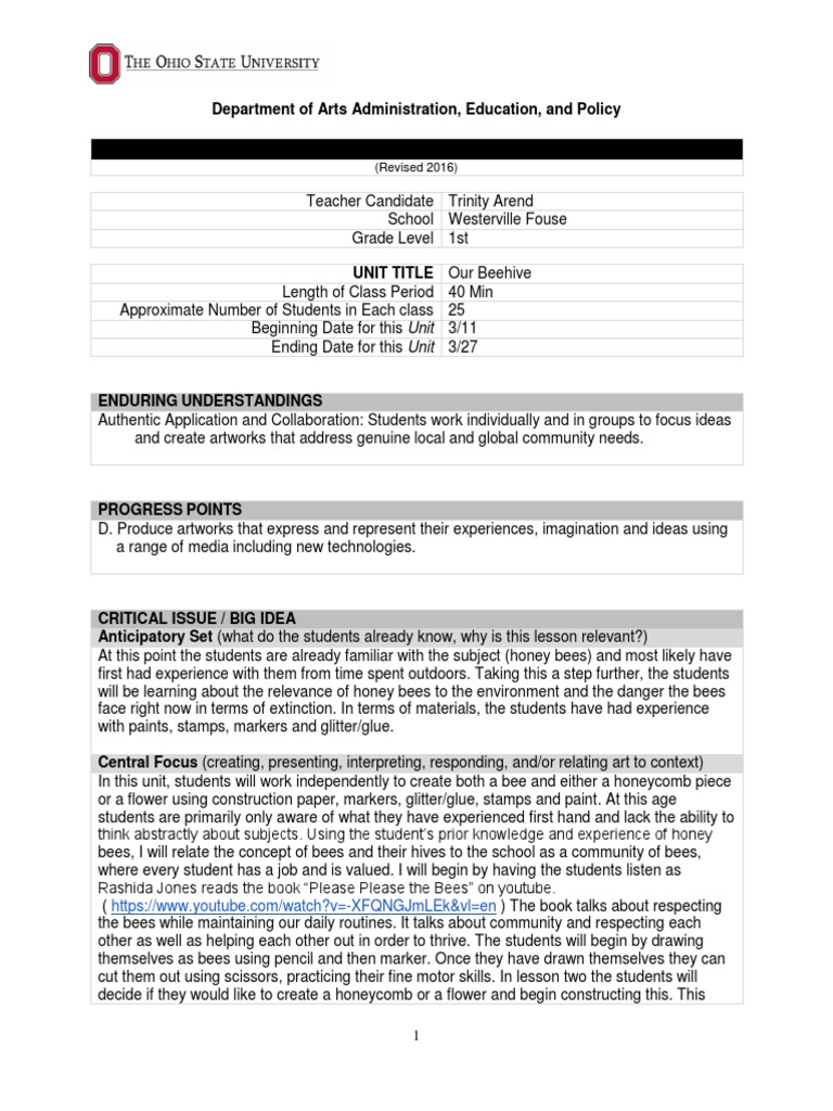 Unit Plan Overview: (Revised 2016) | PDF | Lesson Plan | Beehive