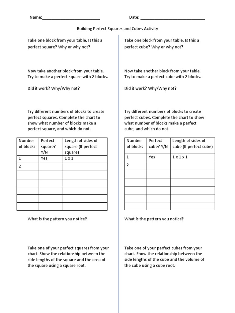 Perfect Squares and Cubes Activity | PDF