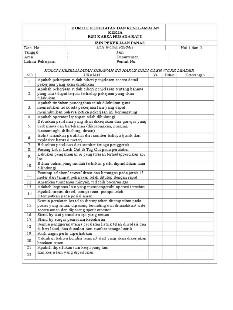 Izin Kerja Panas RSU Karsa Husada | PDF