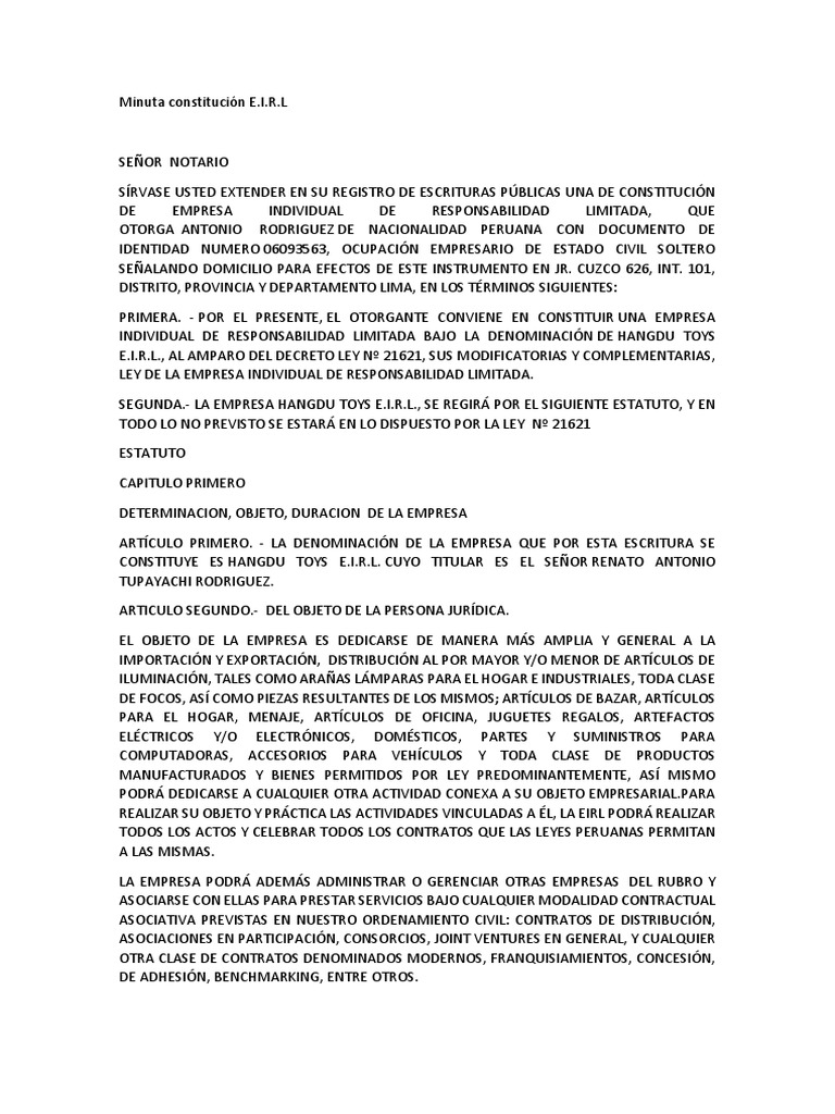Minuta Constitución EIRL R | PDF | Hipoteca Comercial | Finanzas y administración del dinero