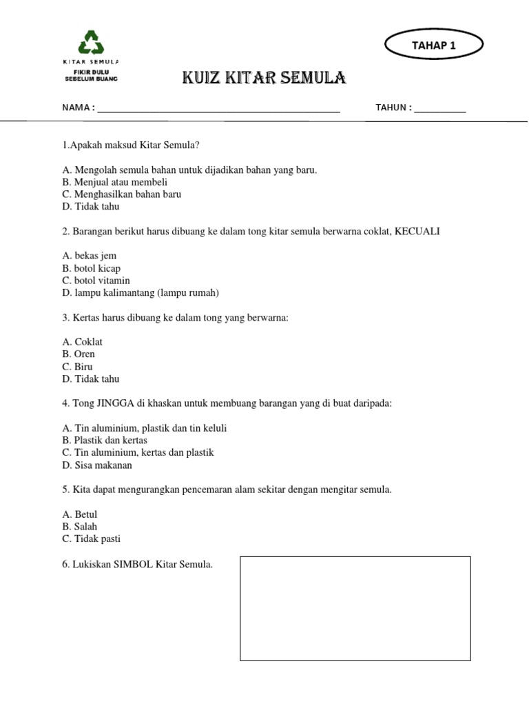 KUIZ KITAR SEMULA Tahap 1 | PDF