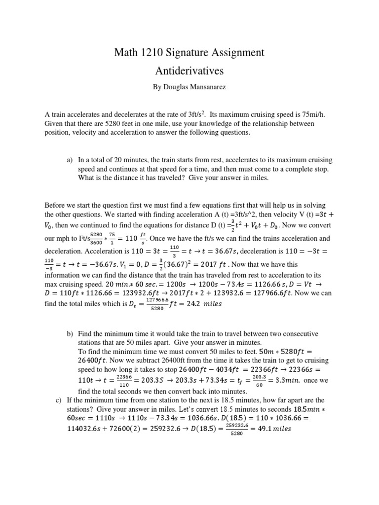 Math 1210 Signature Assignment Antiderivatives 2018 | PDF | Acceleration | Speed
