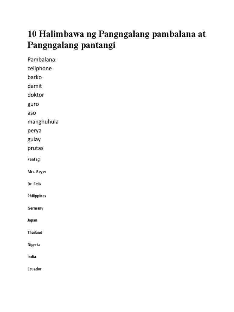 10 Halimbawa NG Pangngalang Pambalana at Pangngalang Pantangi | PDF