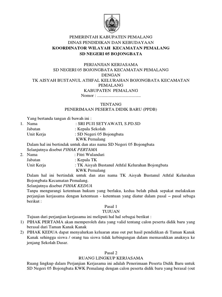 MOU PPDB SD dan TK Aisyah Pemalang | PDF