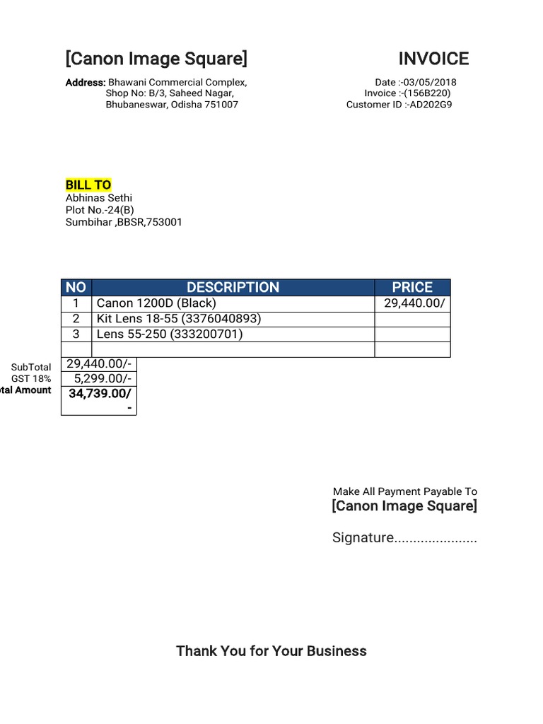Invoice for the Sale of Canon Camera Equipment to Abhinas Sethi ...