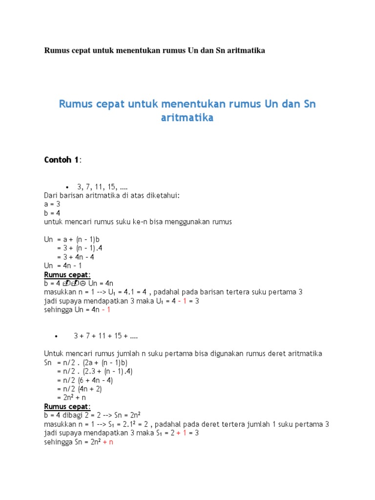 Rumus Cepat Untuk Menentukan Rumus Un Dan SN Aritmatika | PDF