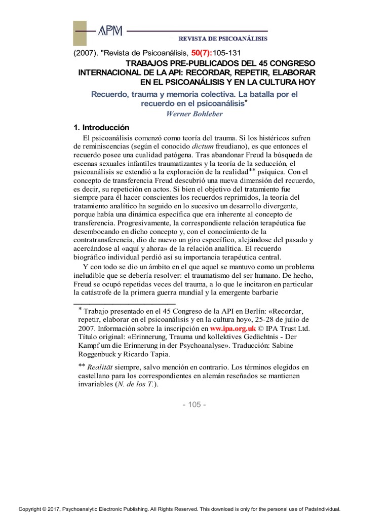 BOHLEBER, W. 2007 - Recuerdo, Trauma y Memoria Colectiva | PDF | Trauma ...
