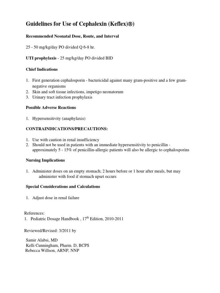 Guidelines For Use of Cephalexin (Keflex) : Recommended Neonatal Dose ...