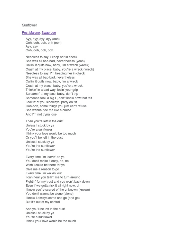 Sunflower: Post Malone Swae Lee | PDF