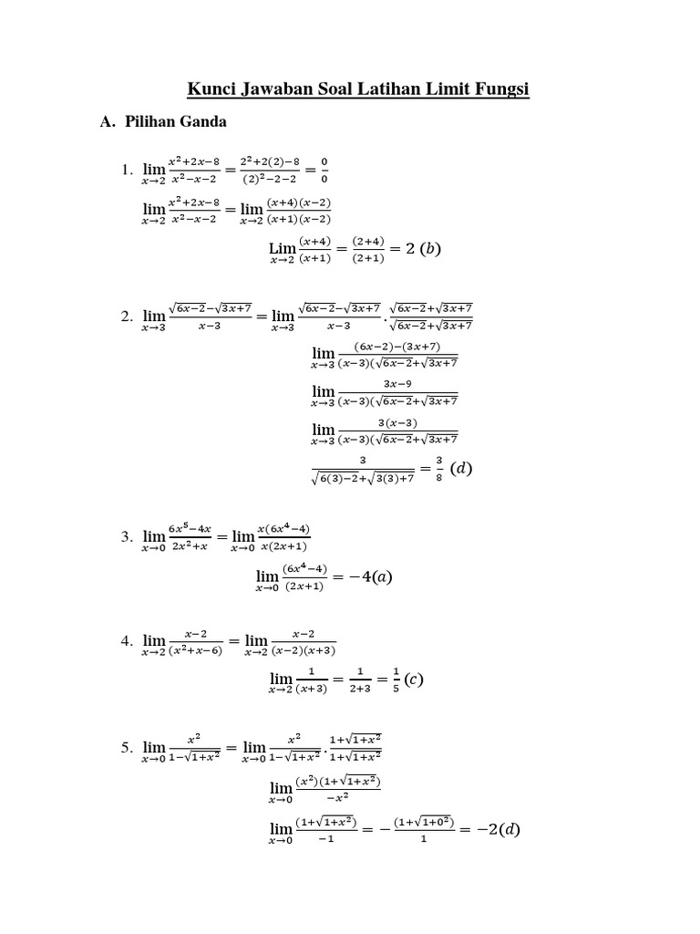 Kunci Jawaban Soal Latihan Limit Fungsi | PDF