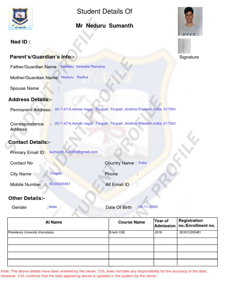 Student Details Of: MR Neduru Sumanth | PDF