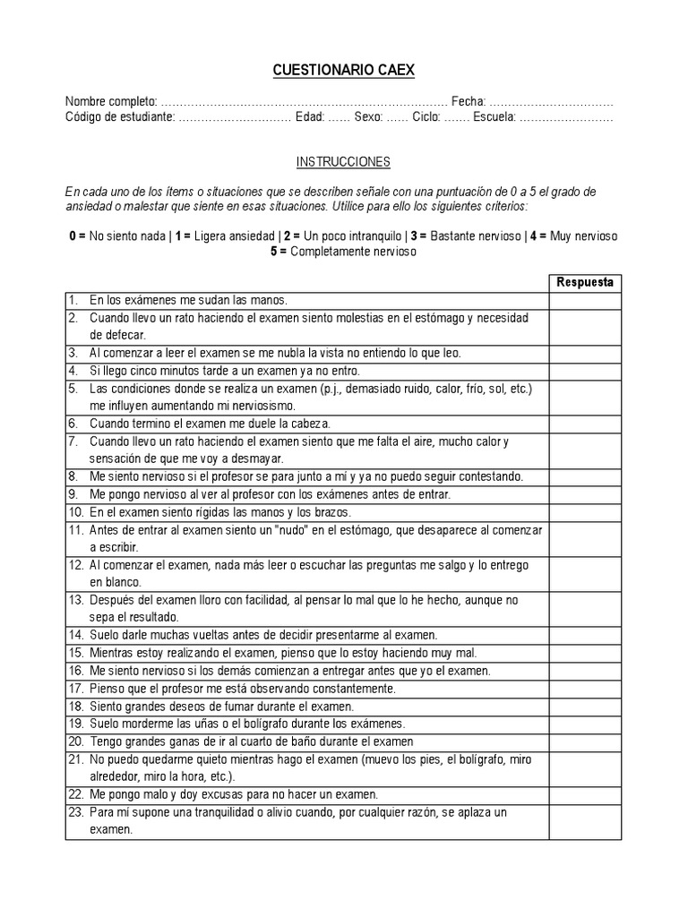 Cuestionario de Ansiedad Ante Exámenes CAEX | Ansiedad | Ocio | Prueba ...