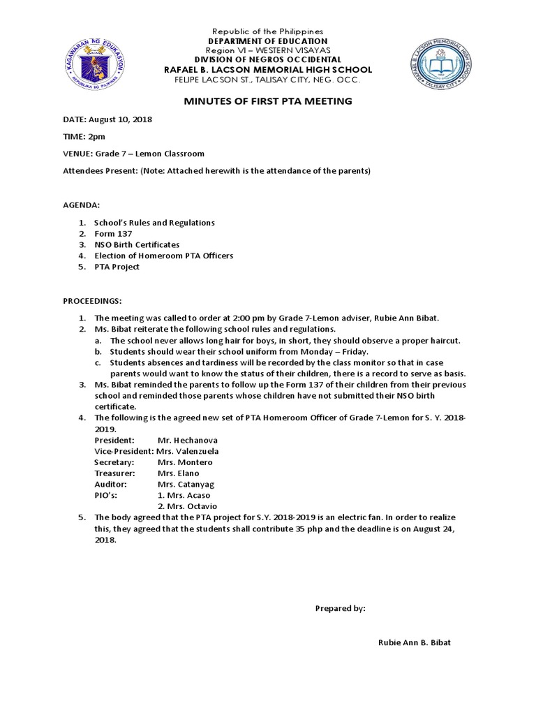 First PTA Meeting Minutes - Grade 7 | PDF | Behavior Modification | Schools
