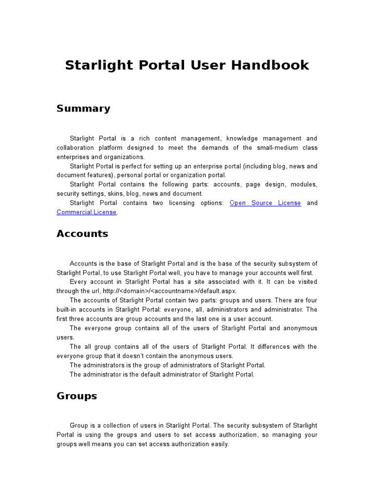Starlight Portal User Handbook: Open Source License Commercial License ...