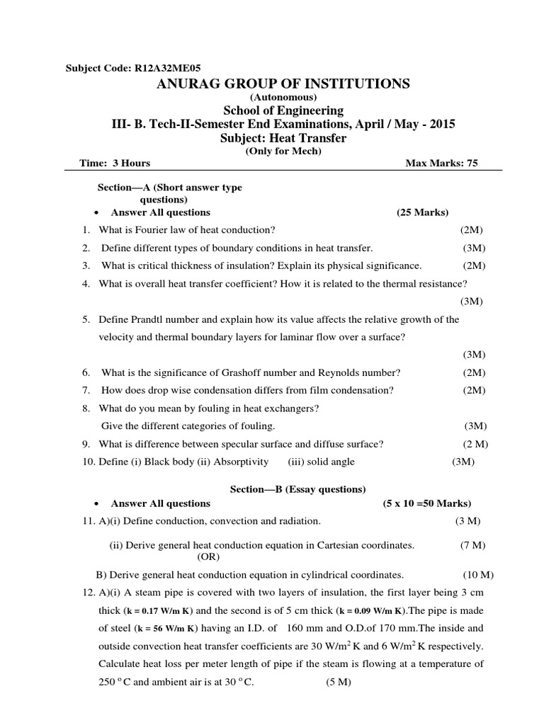 HT Question Paper | PDF | Heat Transfer | Thermal Conduction