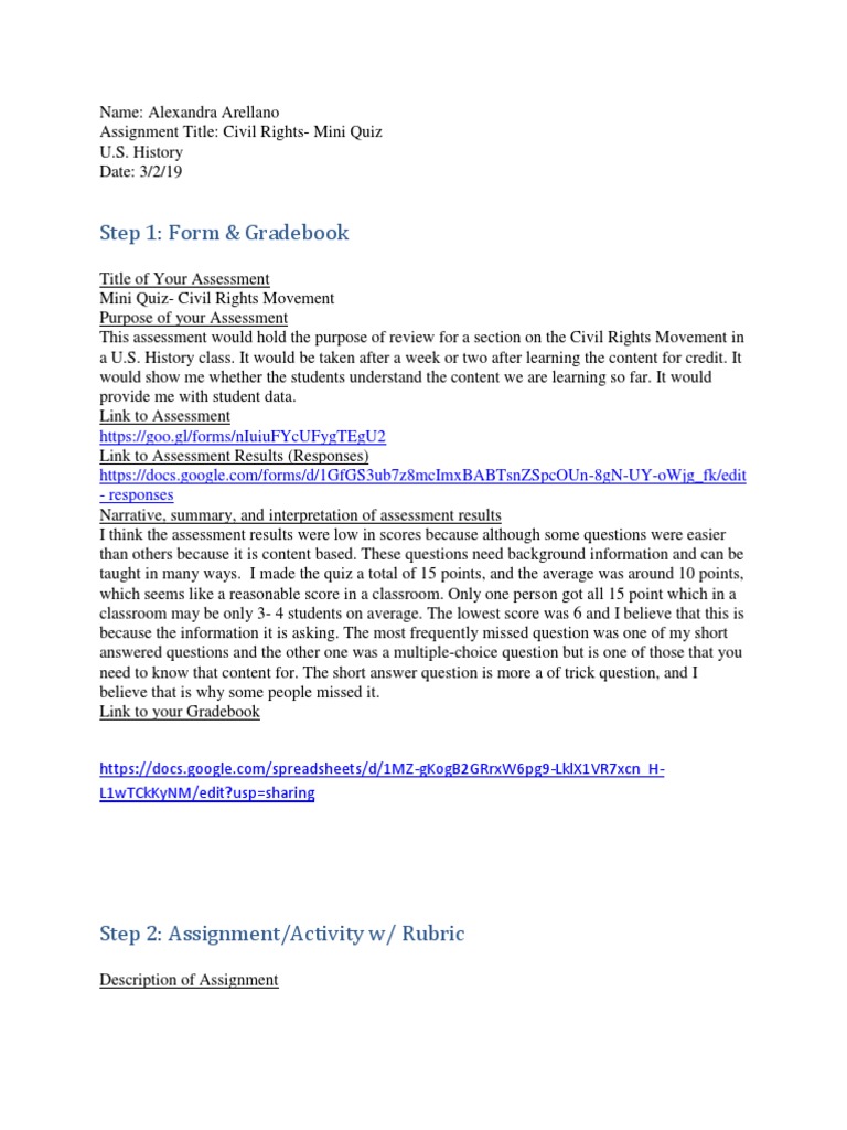Civil Rights Movement Mini Quiz & Activity | PDF | Question | Rubric ...