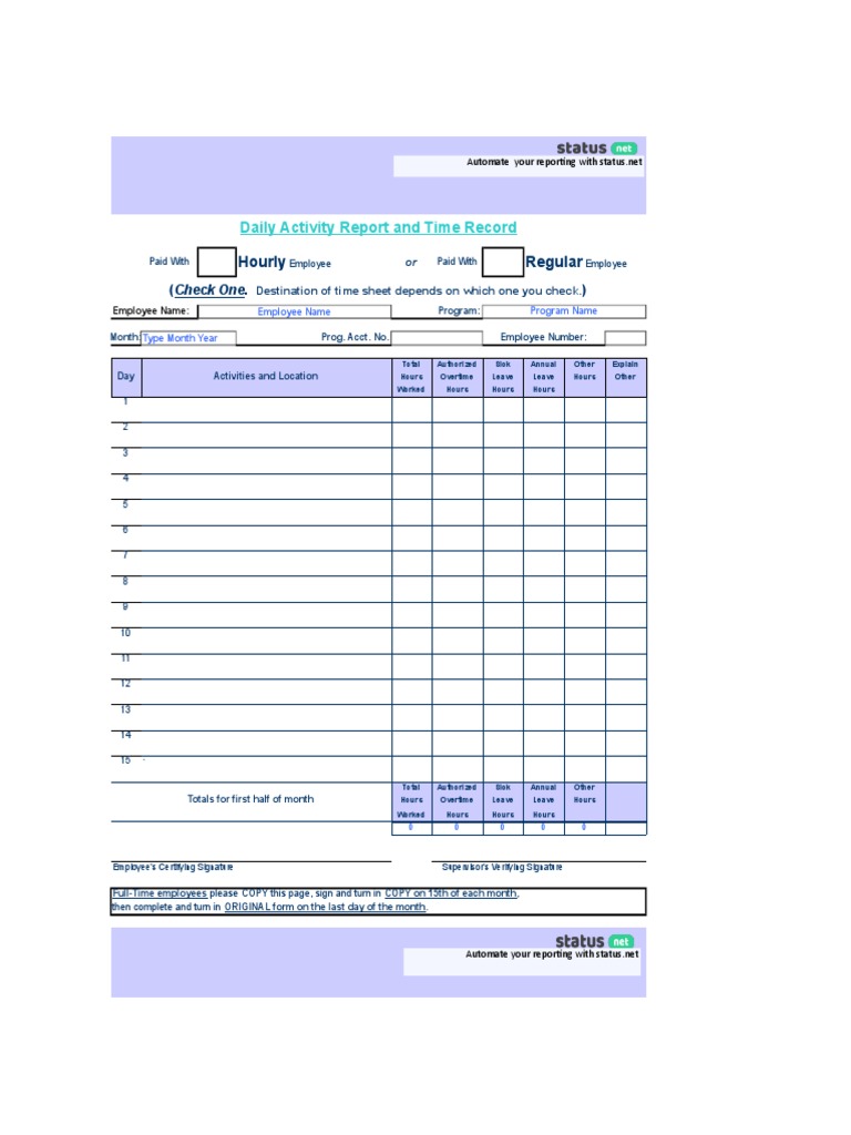 Daily Activity Report Template 3. | PDF | Overtime | Employee Relations