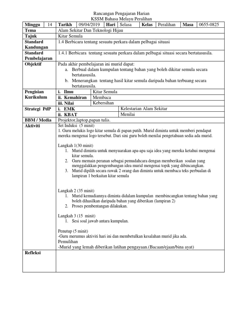 Contoh RPH KSSM Peralihan 2019 | PDF