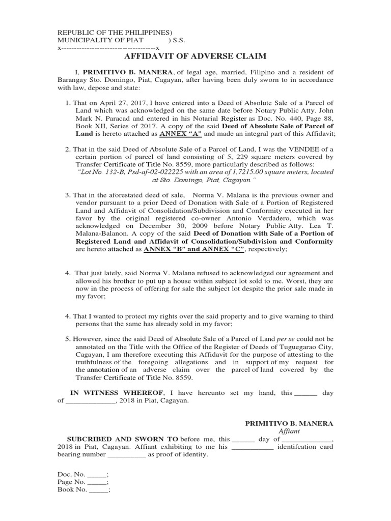 Affidavit of Adverse Claim in Piat | PDF | Justice | Crime & Violence
