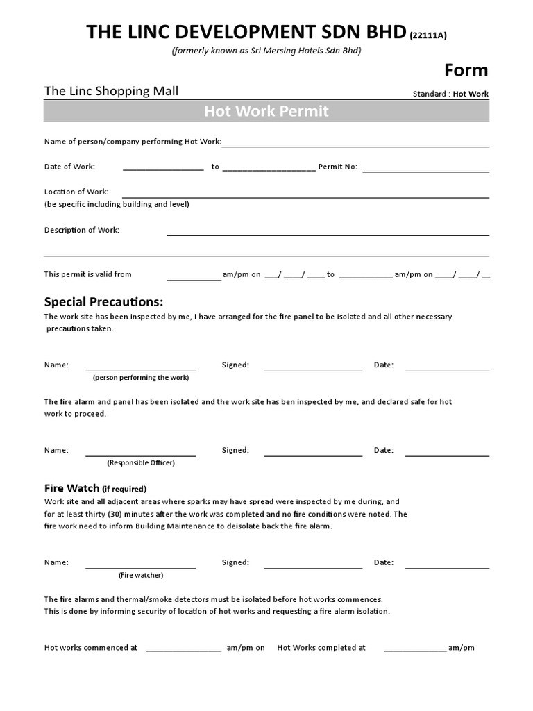 The Linc Hot Work Permit | PDF | Welding | Construction