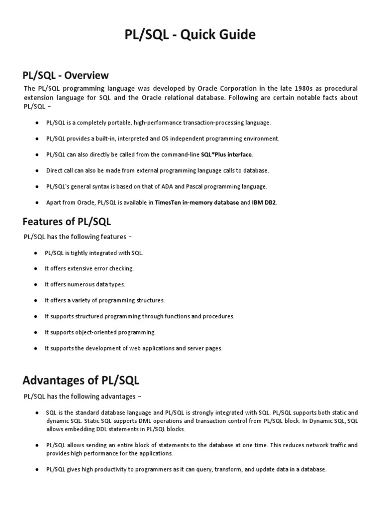 PL - SQL QuickGuide PDF | PDF | Pl/Sql | Control Flow PL - SQL QuickGuide PDF | PDF | Pl/Sql | Control Flow