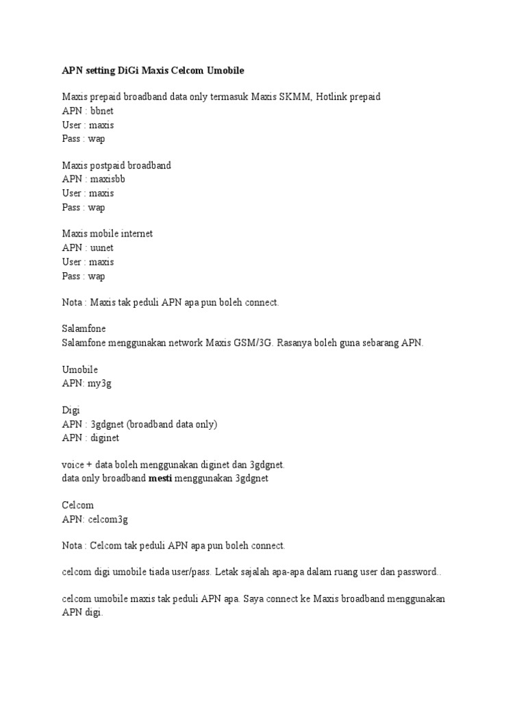 APN Setting DiGi Maxis Celcom | PDF