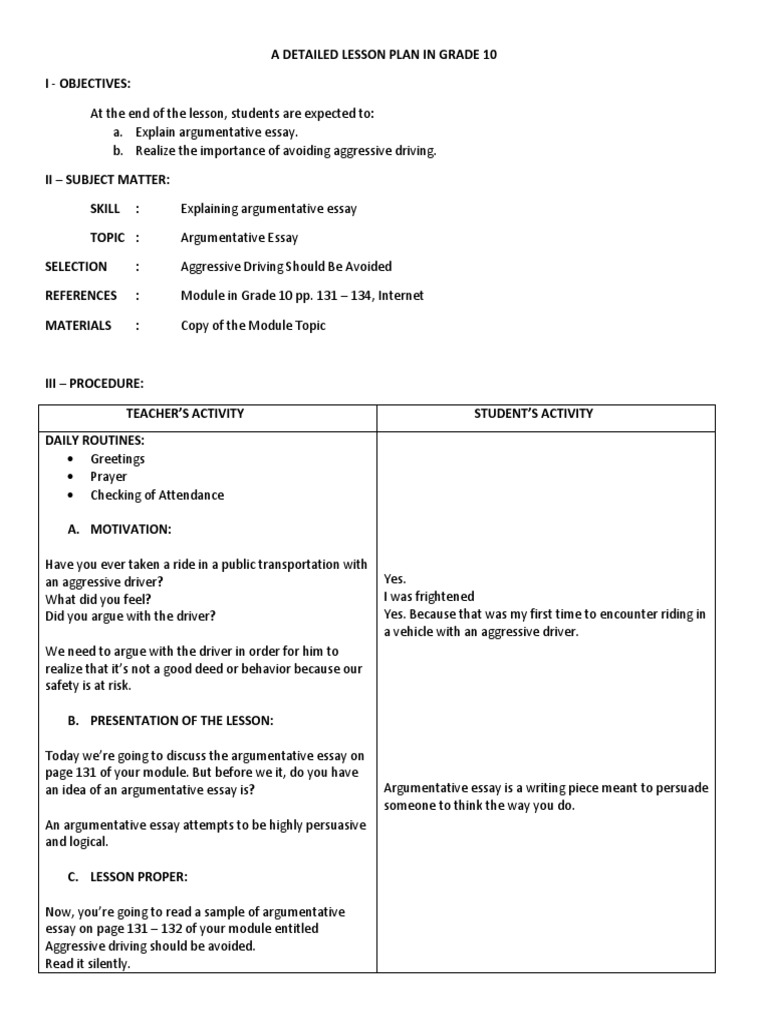 Grade 10 Argumentative Essays | PDF | Essays | Lesson Plan