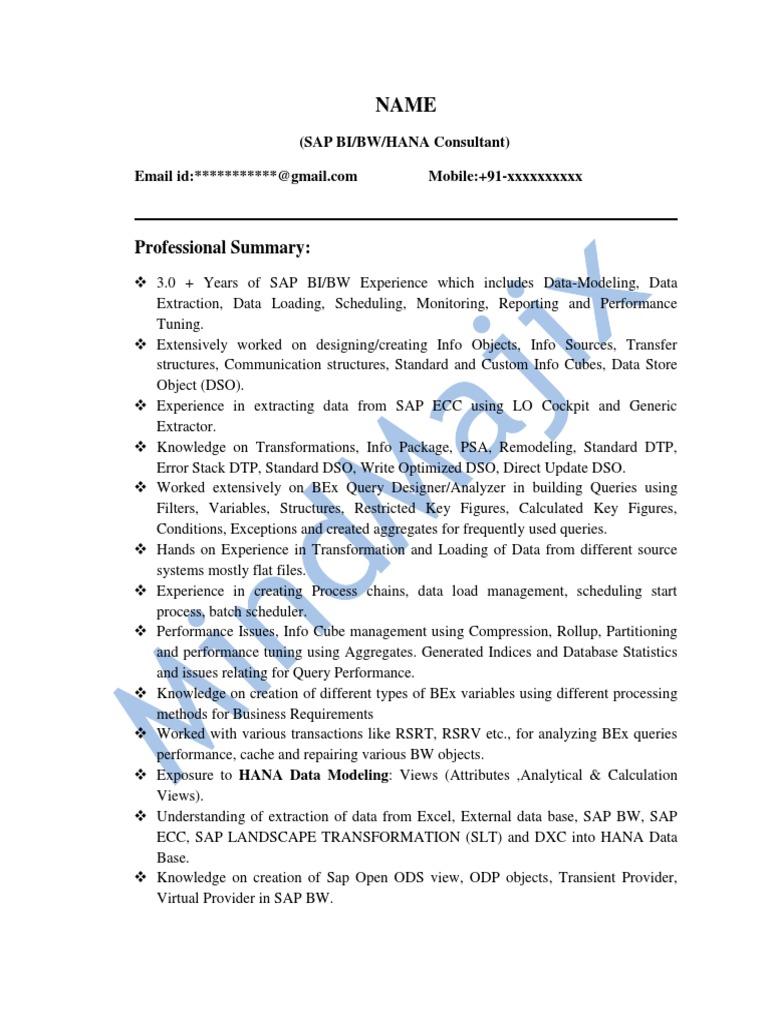 SAP BW On HANA Sample Resume 1 | PDF | Sap Se | Databases