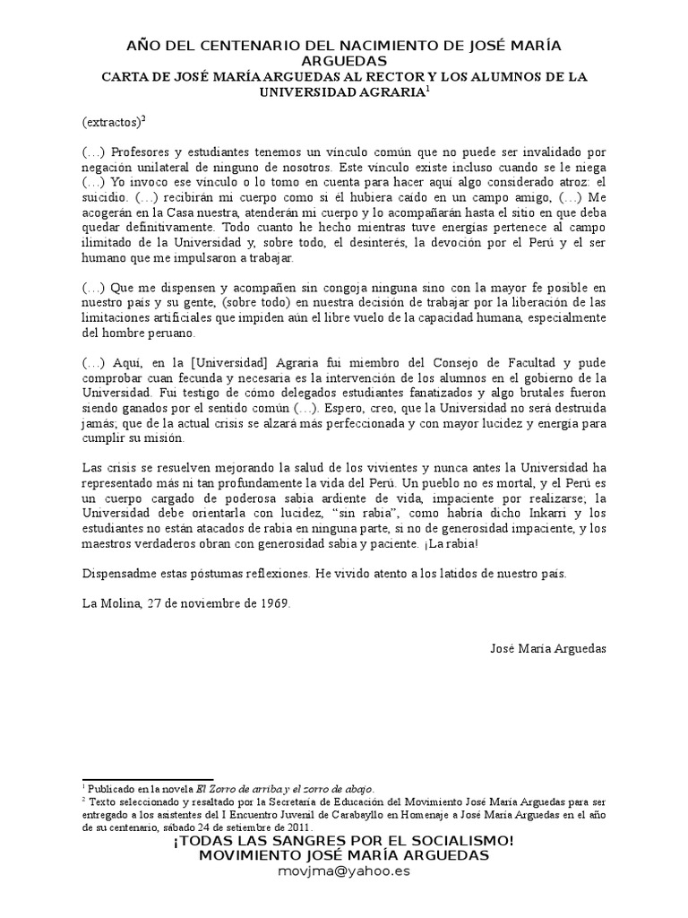 Carta de José María Arguedas Al Rector y Los Alumnos de La Universidad ...