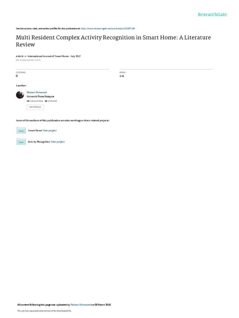 Multi Resident Complex Activity Recognition In Smart Home A Literature Review Pdf Health