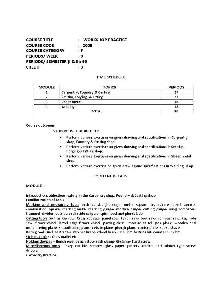 Course Title: Workshop Practice Course Code: 2008 Course Category: F ...