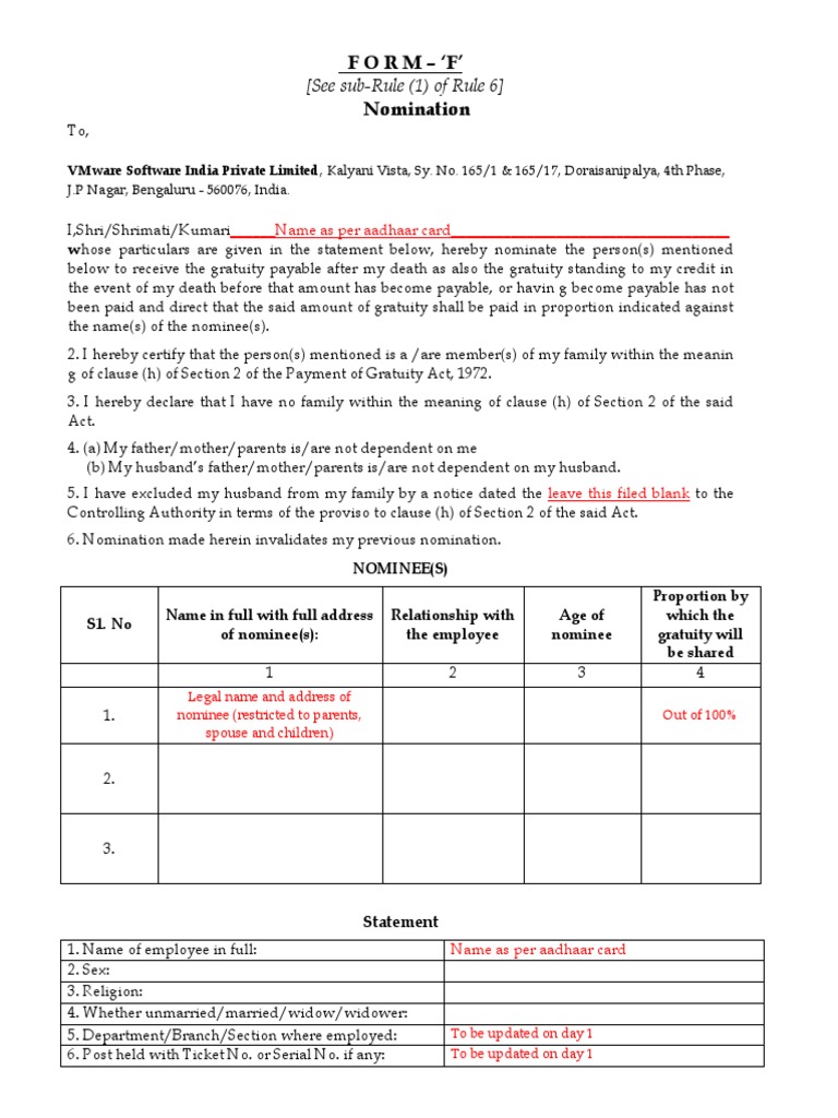 FORM - F' Nomination: (See Sub-Rule (1) of Rule 6) | PDF | Government ...