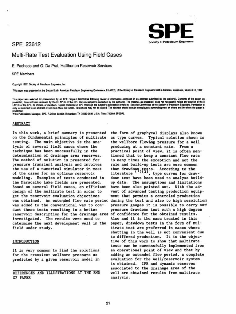 SPE 23612 Multi-Rate Test Evaluation Using Field Cases: Pacheco and G ...