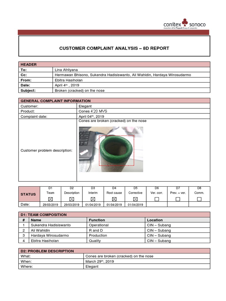 Customer Complaint Analysis - 8D Report: Header To: CC: From: Date ...