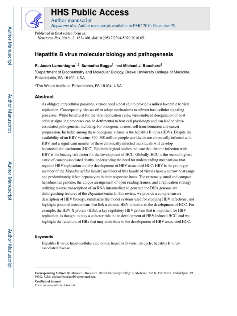 HHS Public Access: Hepatitis B Virus Molecular Biology and Pathogenesis ...