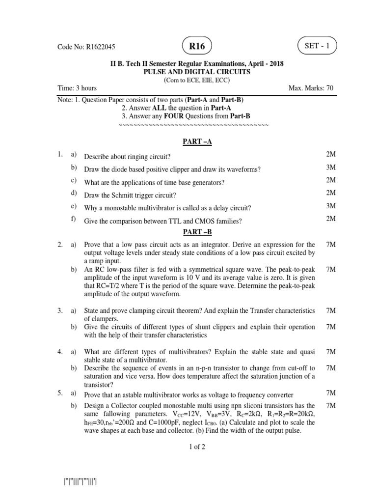 Pulse and Digital Circuits Exam Paper | PDF | Electronic Circuits ...