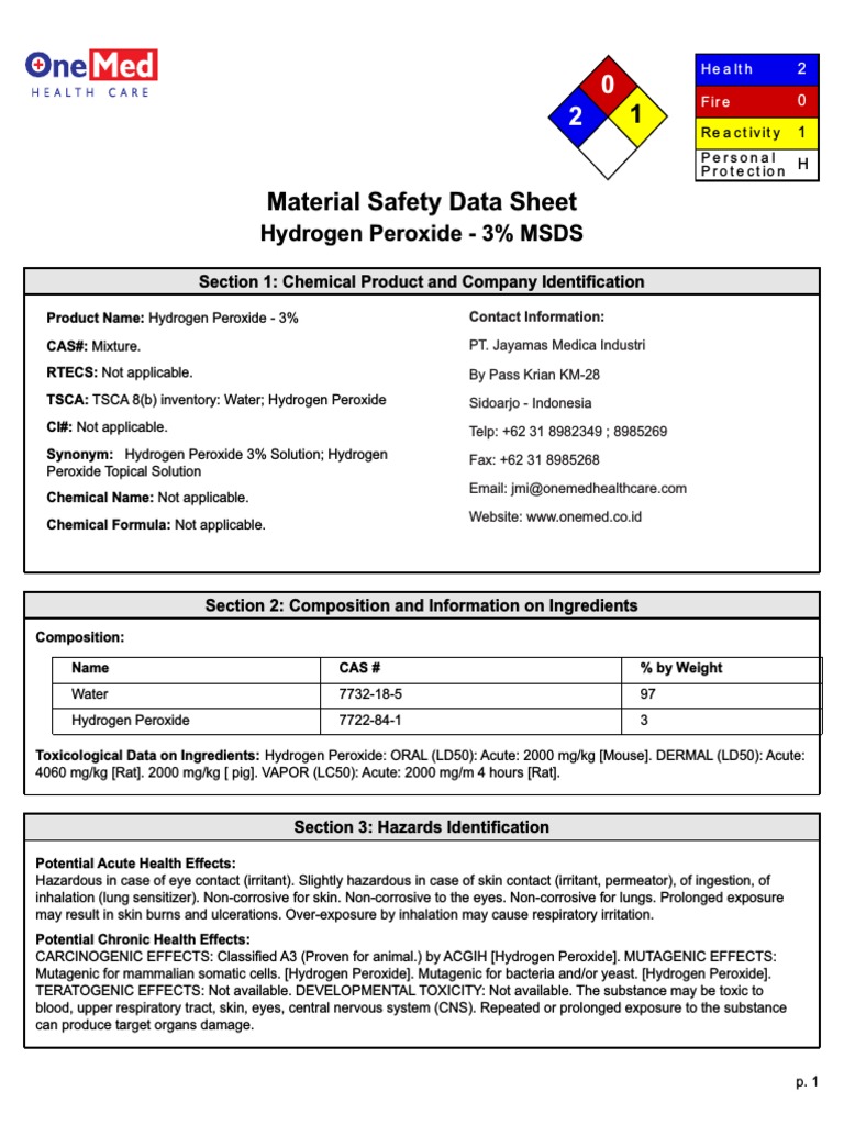 H2O2 Msds Onemed | PDF | Sulfuric Acid | Hydrogen Peroxide