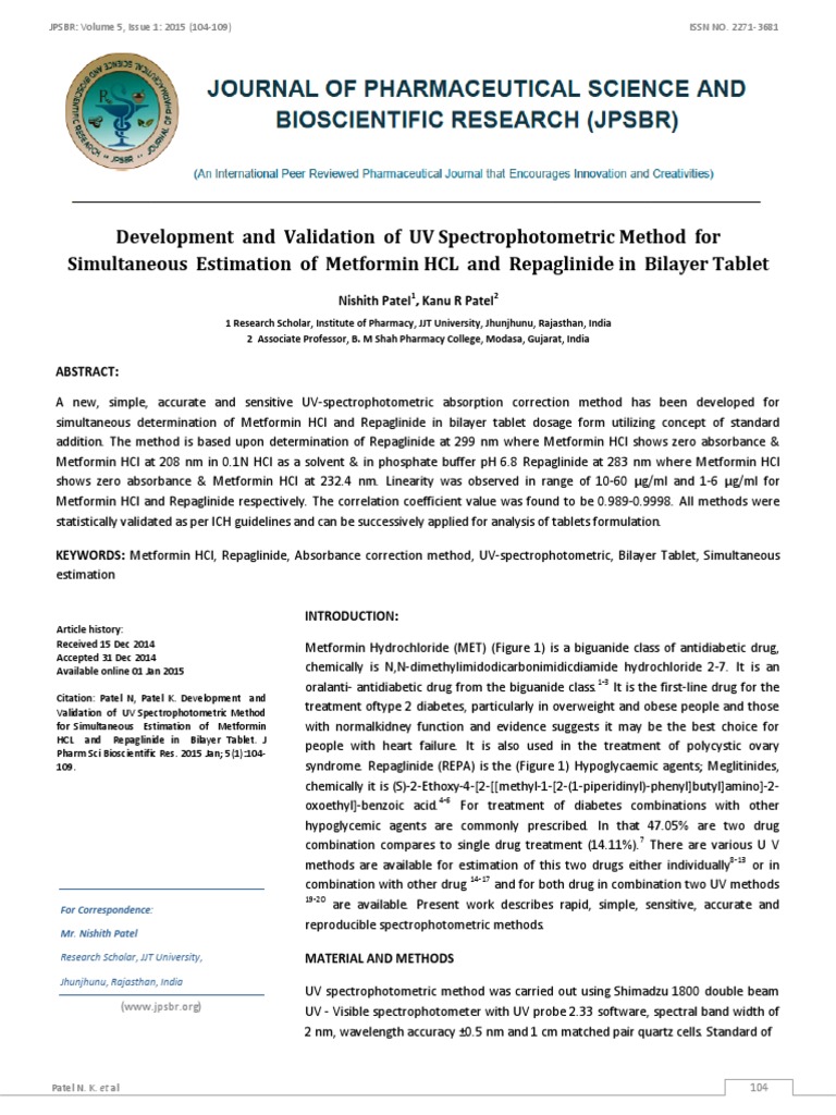 Development and Validation of UV Spectrophotometric Method For Simultaneous Estimation of ...