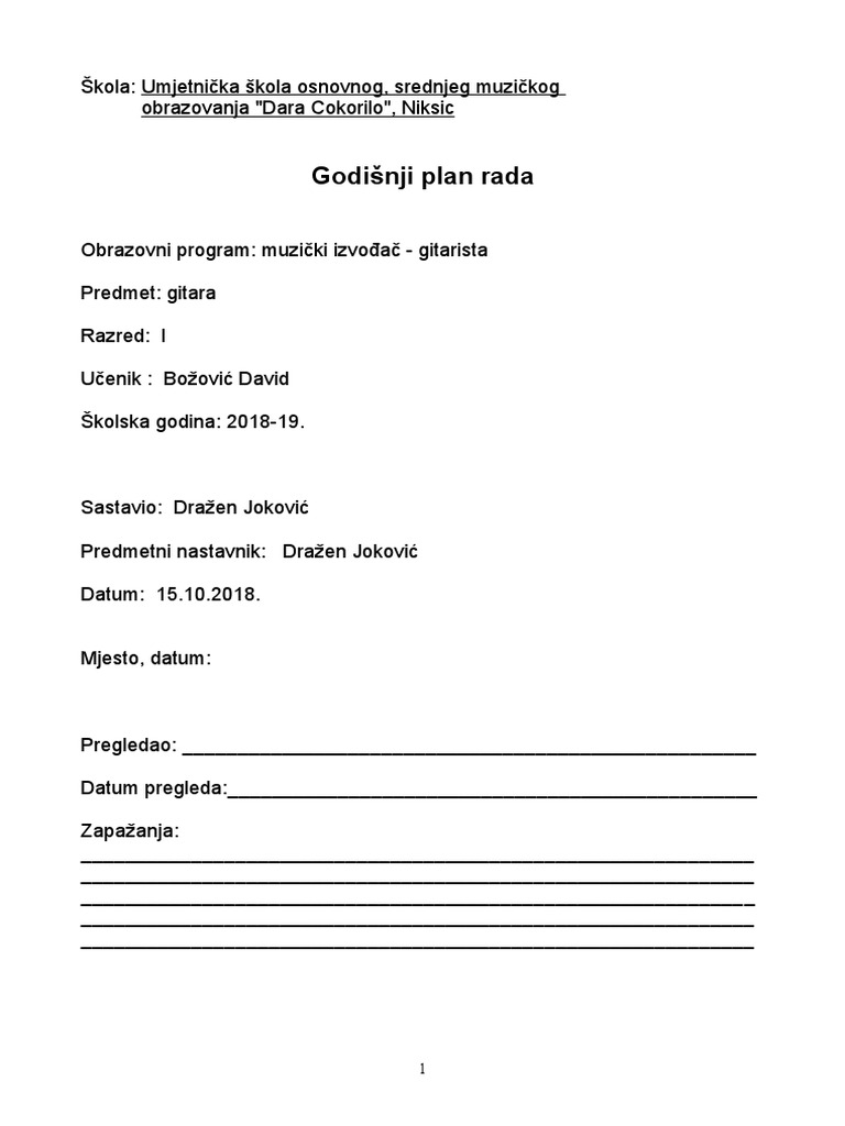 Tabela Godisnjeg Plana Rada Individualna Nastava | PDF