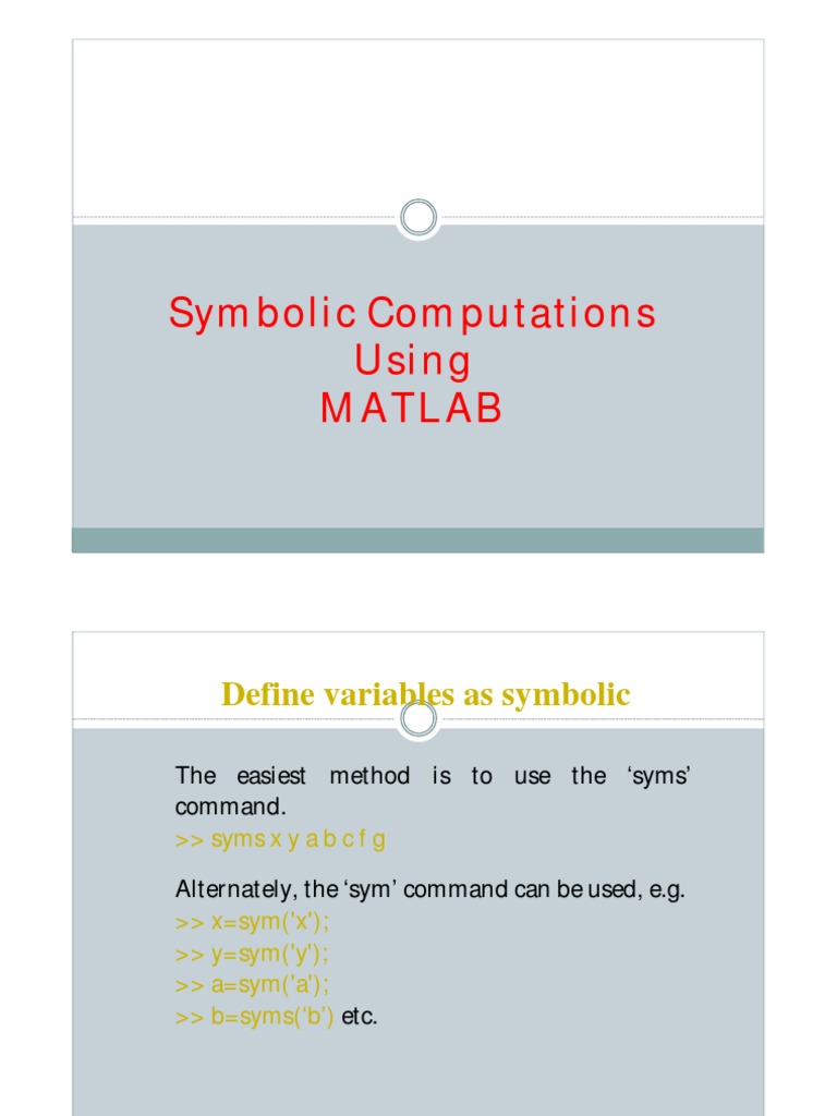 Symbolic Computations Using Matlab | PDF | Variable (Mathematics ...