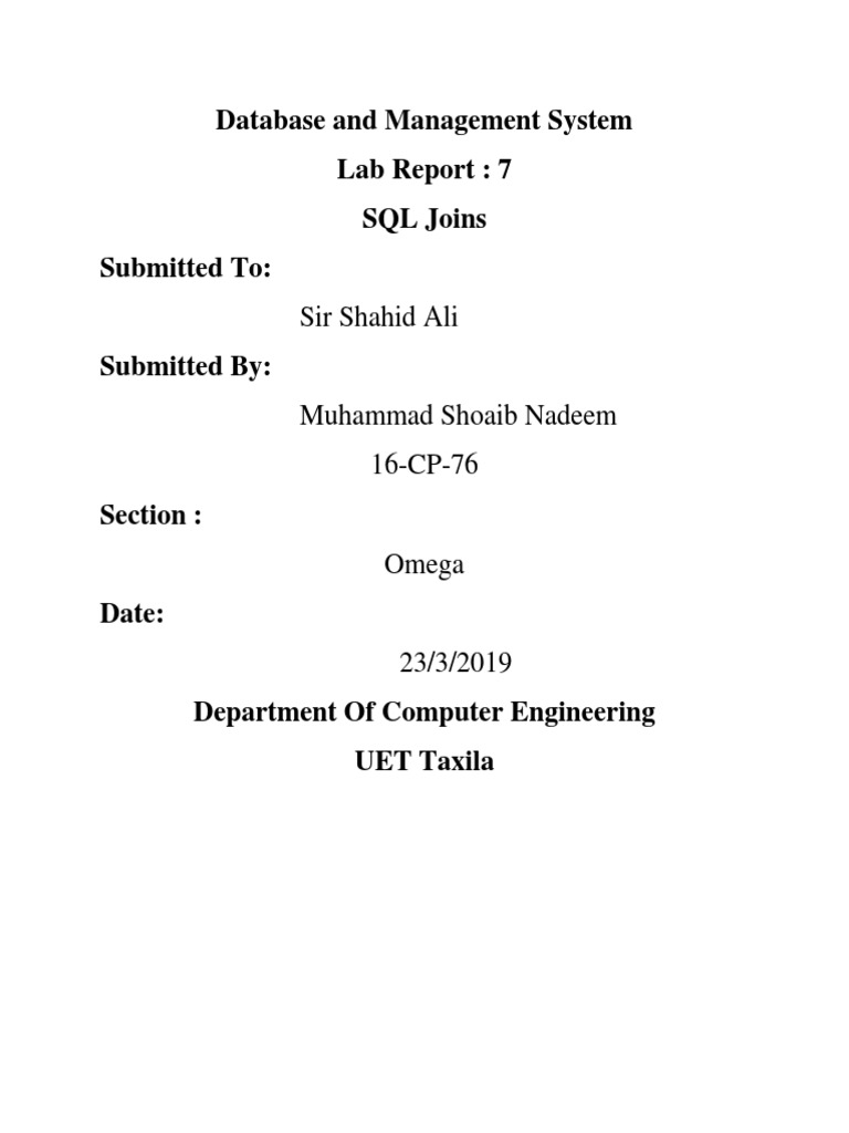 Database and Management System Lab Report: 7 SQL Joins Submitted To | PDF | Databases | Areas Of ...