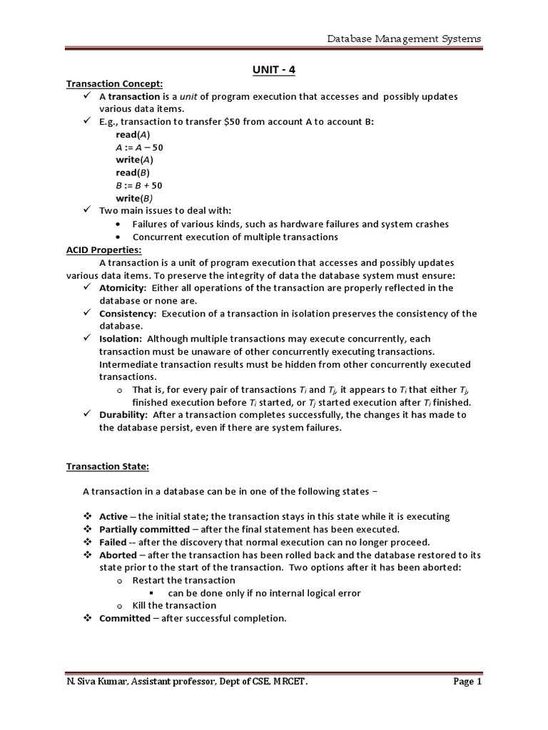 DBMS - Unit 4 | PDF | Database Transaction | Synchronization