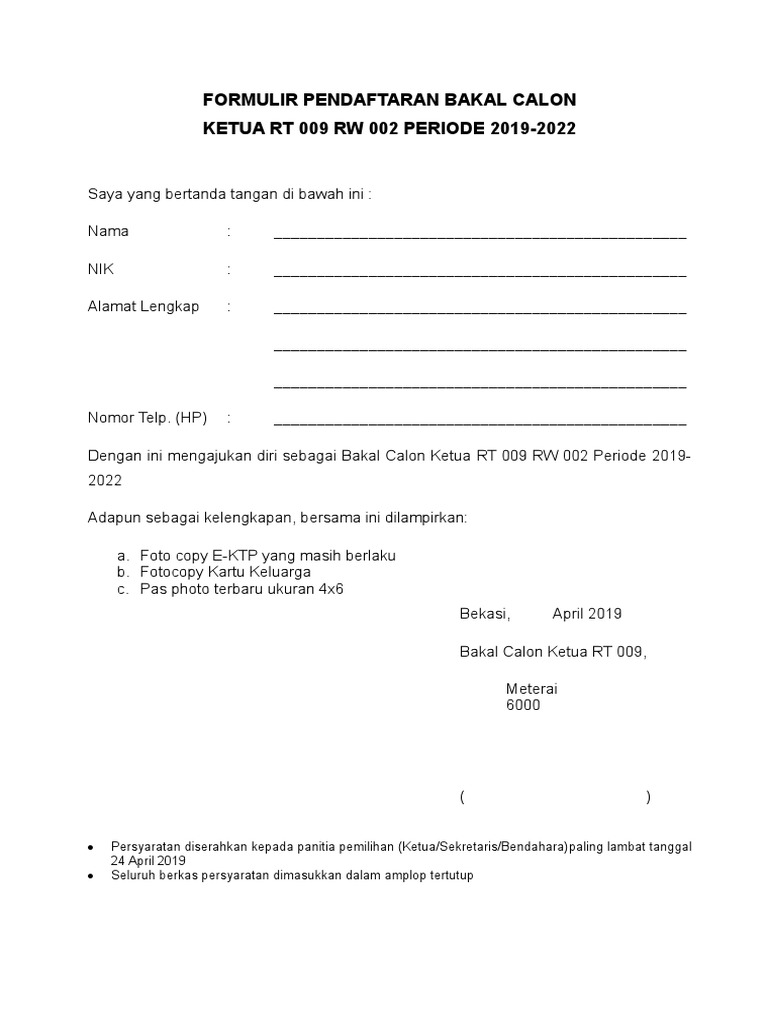 Formulir Pendaftaran Calon Ketua RT | PDF