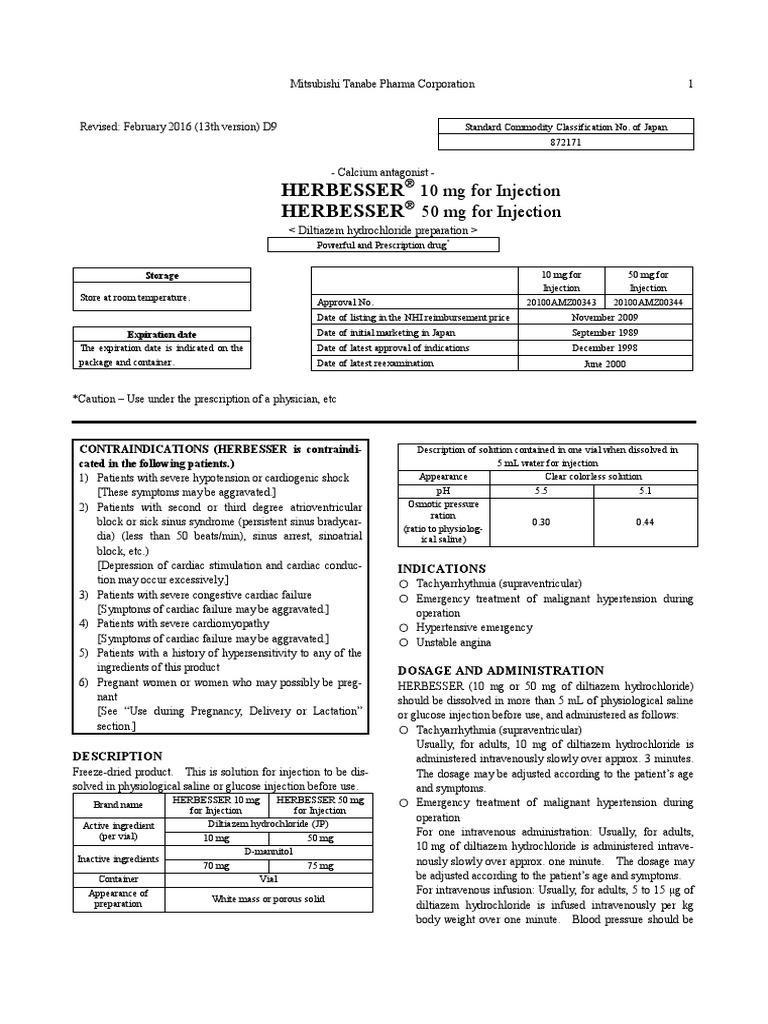 Herbesser Injection Leaflet | PDF | Heart | Medical Treatments