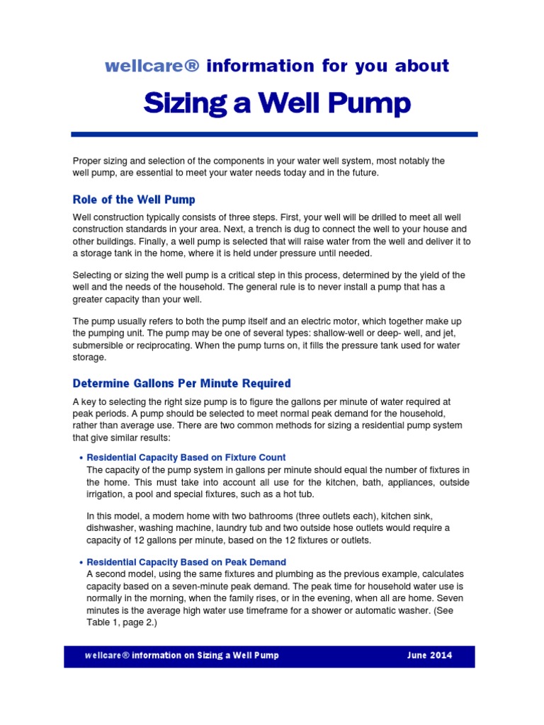 Sizing A Well Pump Wellcare Pdf Pump Water Supply Network