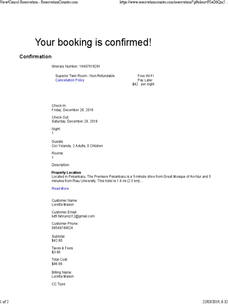 Hotel Booking Confirmation - Pekanbaru | PDF | Payments | Business
