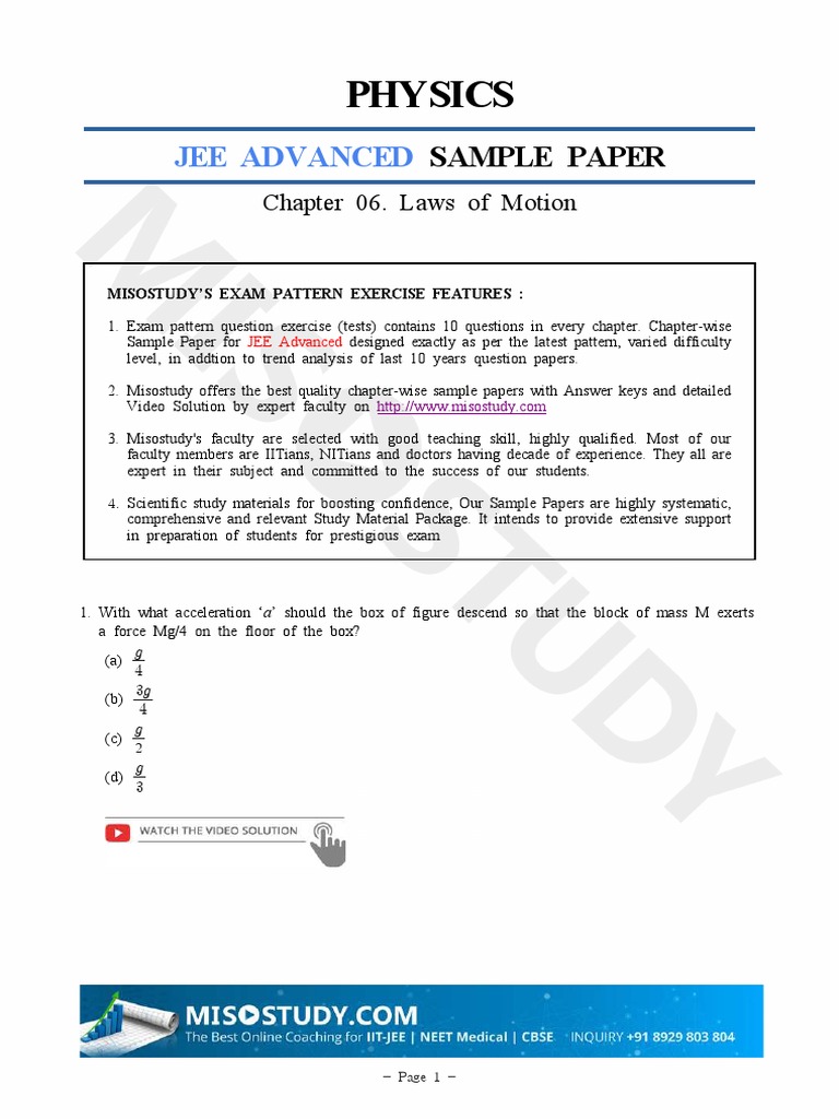 JEE Advanced Laws of Motion Sample Paper | PDF | Tension (Physics) | Force